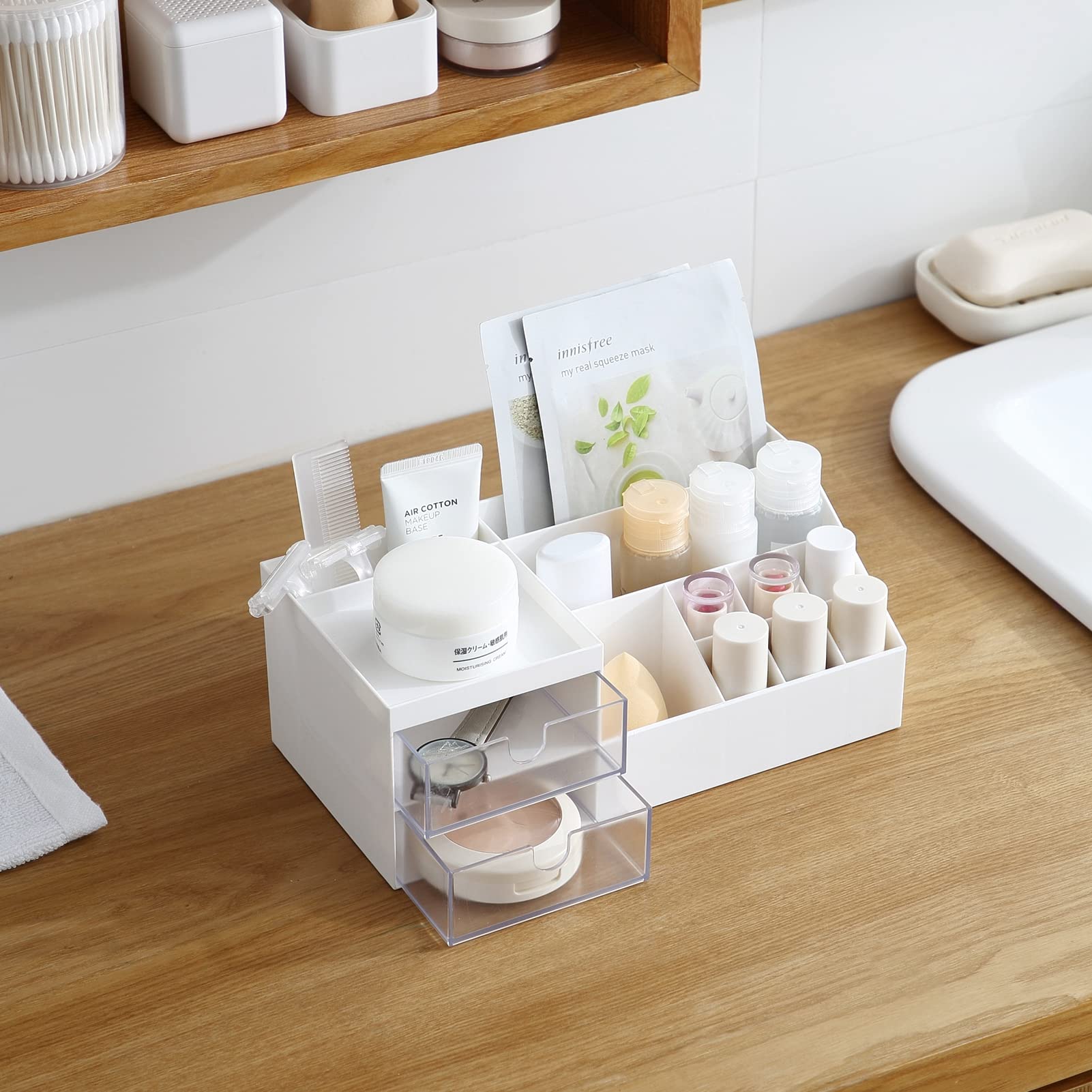 vibeross Makeup Organizer with 2 Drawers for Vanity, Desk Organizers 10 Compartments Bathroom Organizer Cosmetic Storage