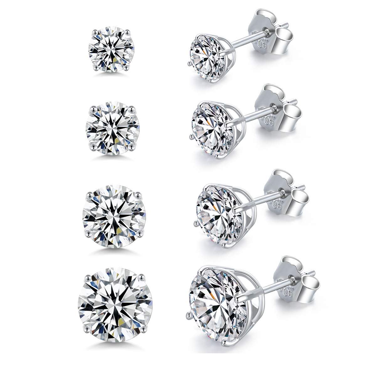 Sterling Silver Cubic Zirconia CZ Stud Earrings Round Cut 3mm 4mm 5mm 6mm Clear Crystal for Men Women 4 Sets
