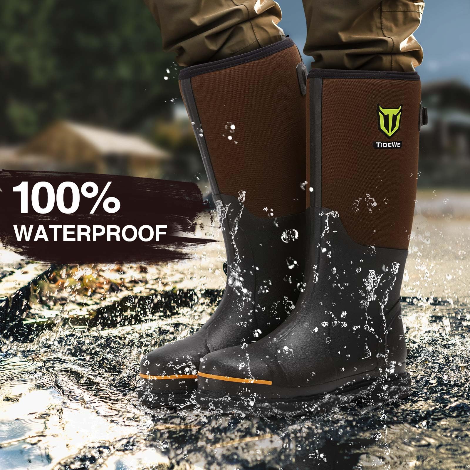 TIDEWE Rubber Work Boot for Men with Steel Toe & Shank, Waterproof Anti Slip Hunting Boot, 6mm Neoprene Hunting Boot, Sturdy Brown Rubber Boot for Manufacturing, Construction, Farming, Size 11