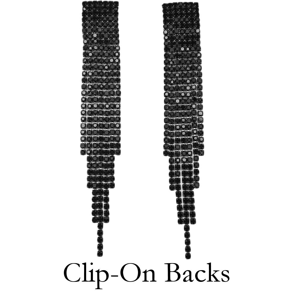 Statement Black Clip On Earrings Extra Long Earrings 1920s Earrings Art Deco Earrings Great Gatsby Earrings Flapper Earrings Statement Earrings Gun Metal Black Earrings Rhinestone Crystal Drop Earrings for Women (Black Clip-Ons)