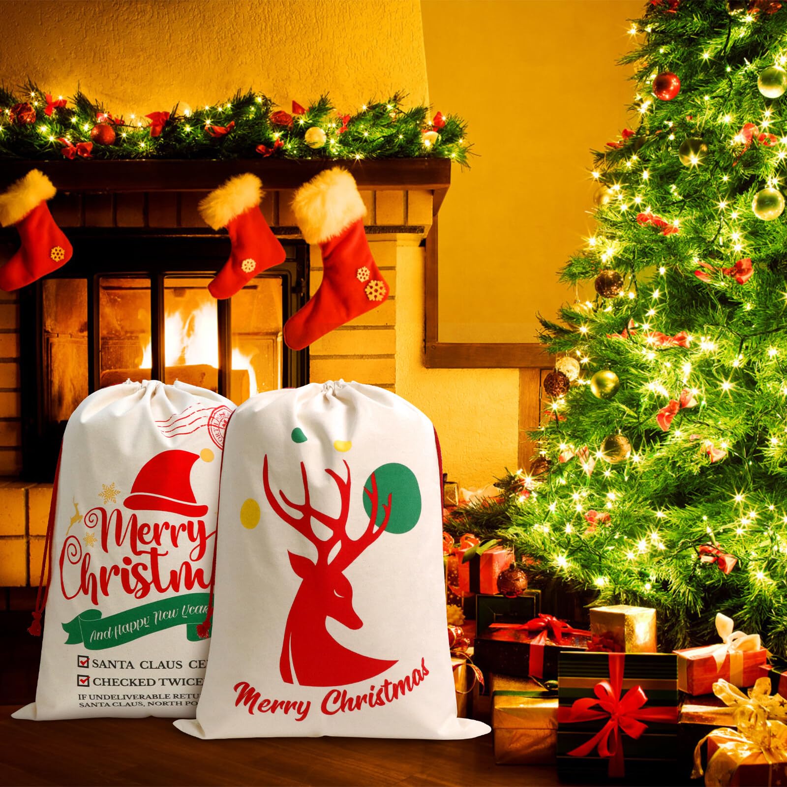 Thmyo 4 Packs Large Christmas Drawstring Gift Bags, Reusable Cloth Drawstring Wrapping Bags, DIY Cotton Santa Sack with Drawstring 27 x 19 Inch for Xmas Presents