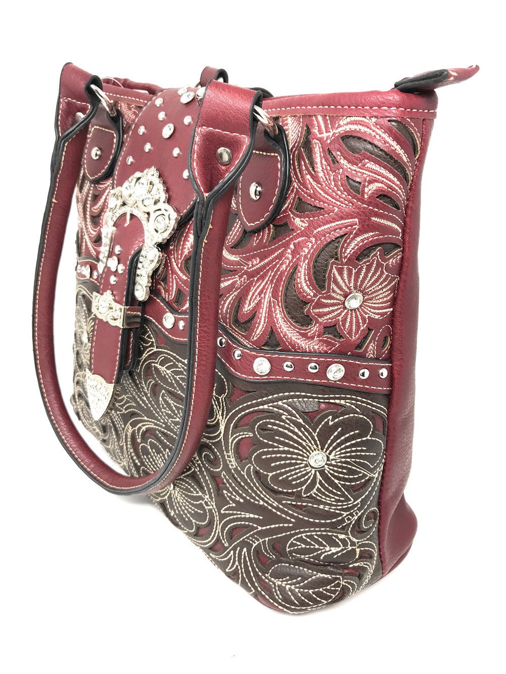 Western Rhinestone Buckle Concealed Carry Floral Womens Tote Handbag/Wallet Set (Red)