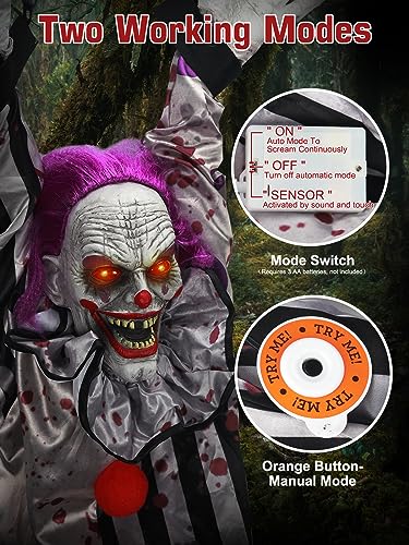 Scary Clown Halloween Decorations Outdoor Hanging Talking Clown Animatronics with Light Up Red Eyes, Sound & Touch Activated for Indoor Yard Haunted House Decor
