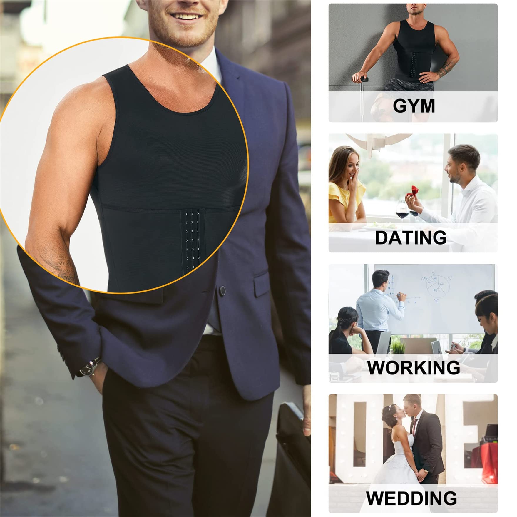TAILONG Mens Compression Shirt Undershirt Abdomen Slimming Body Shaper Vest Workout Tank Top Tummy Control Shapewear (Black, X-Large)