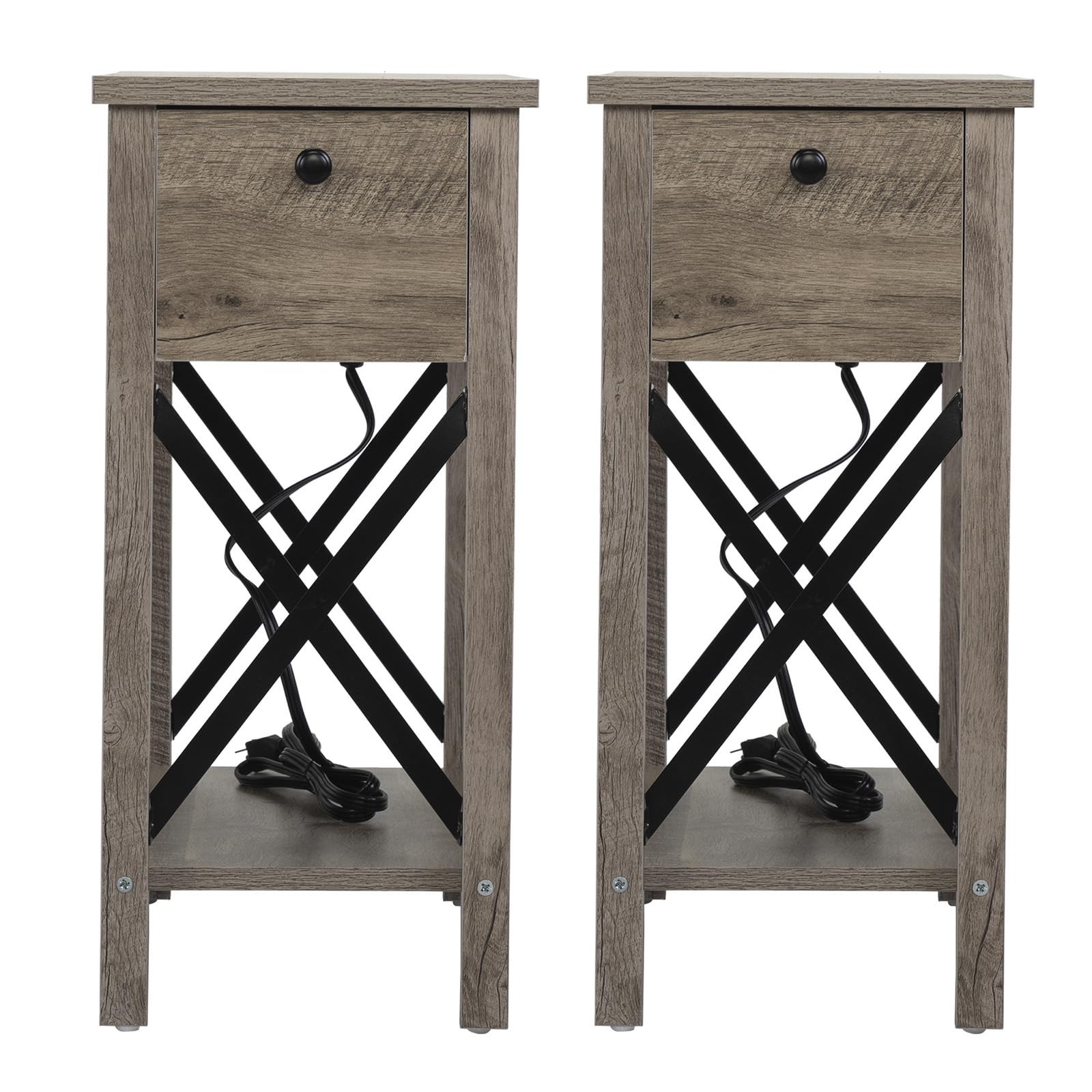 Tidyard Set of 2 Flip Top End Table with Charge Station, X-Shaped Profile Narrow Side Table with Drawer for Office, Bedroom, Living Room, Gray