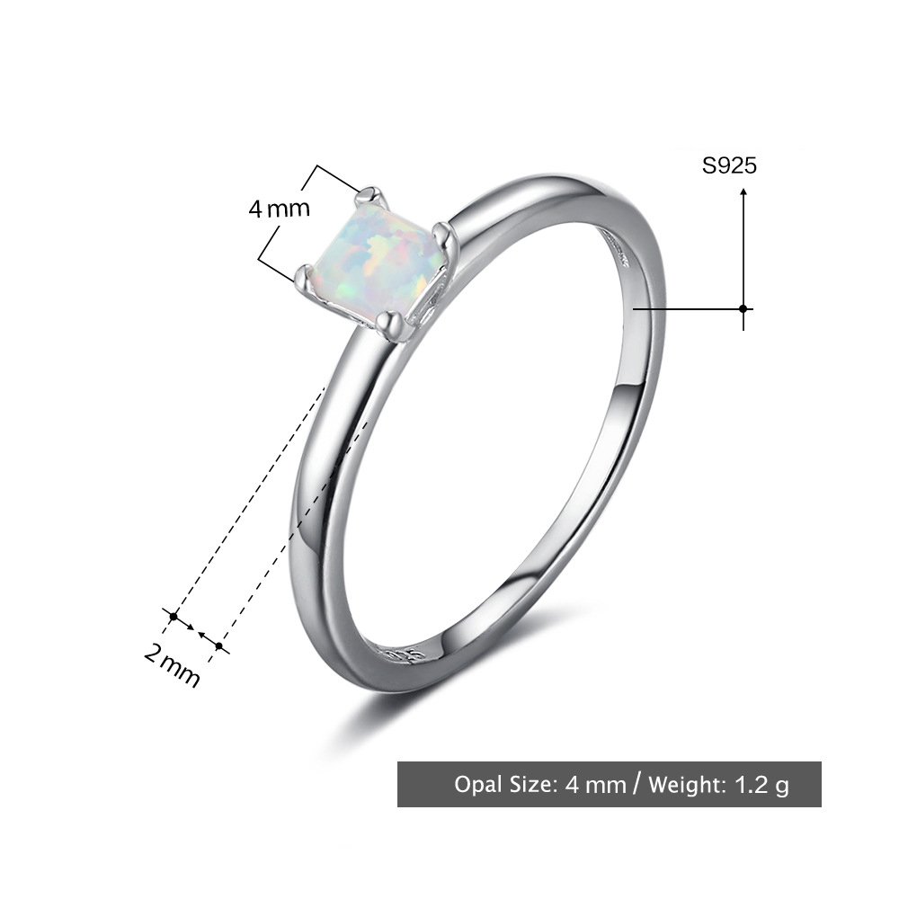 SILBERTALE Opal Ring 925 Sterling Silver Small Birthstone Princess Cut Opal Solitaire Promise Engagement Ring Women Stacking Wedding Band Size 7