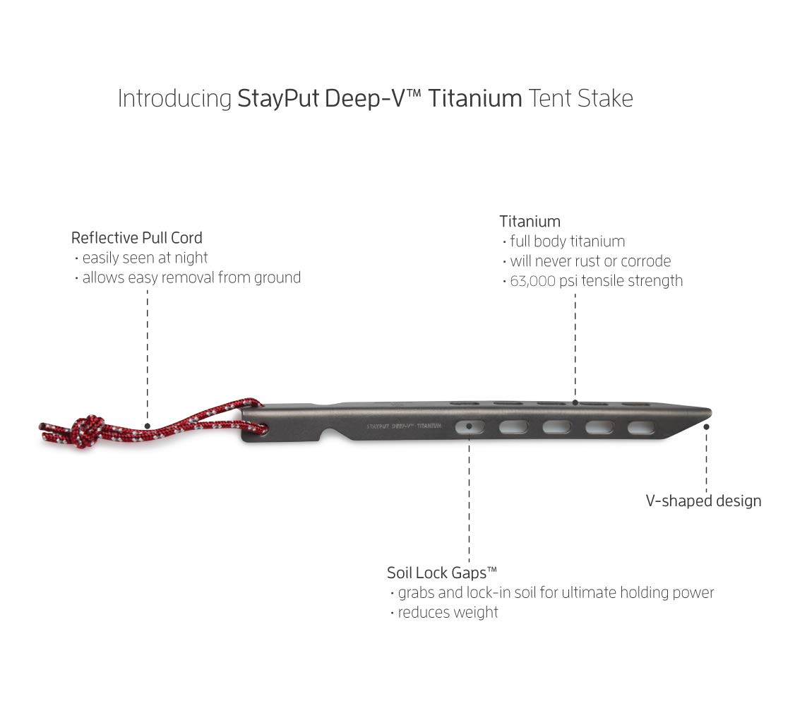 StayPut! Deep-V Titanium Tent Stake Anchor Peg with Soil Lock Technology Includes Reflective Pull Cord and Storage Pouch for Camping and Backpacking (4-Pack & Stake Bag)