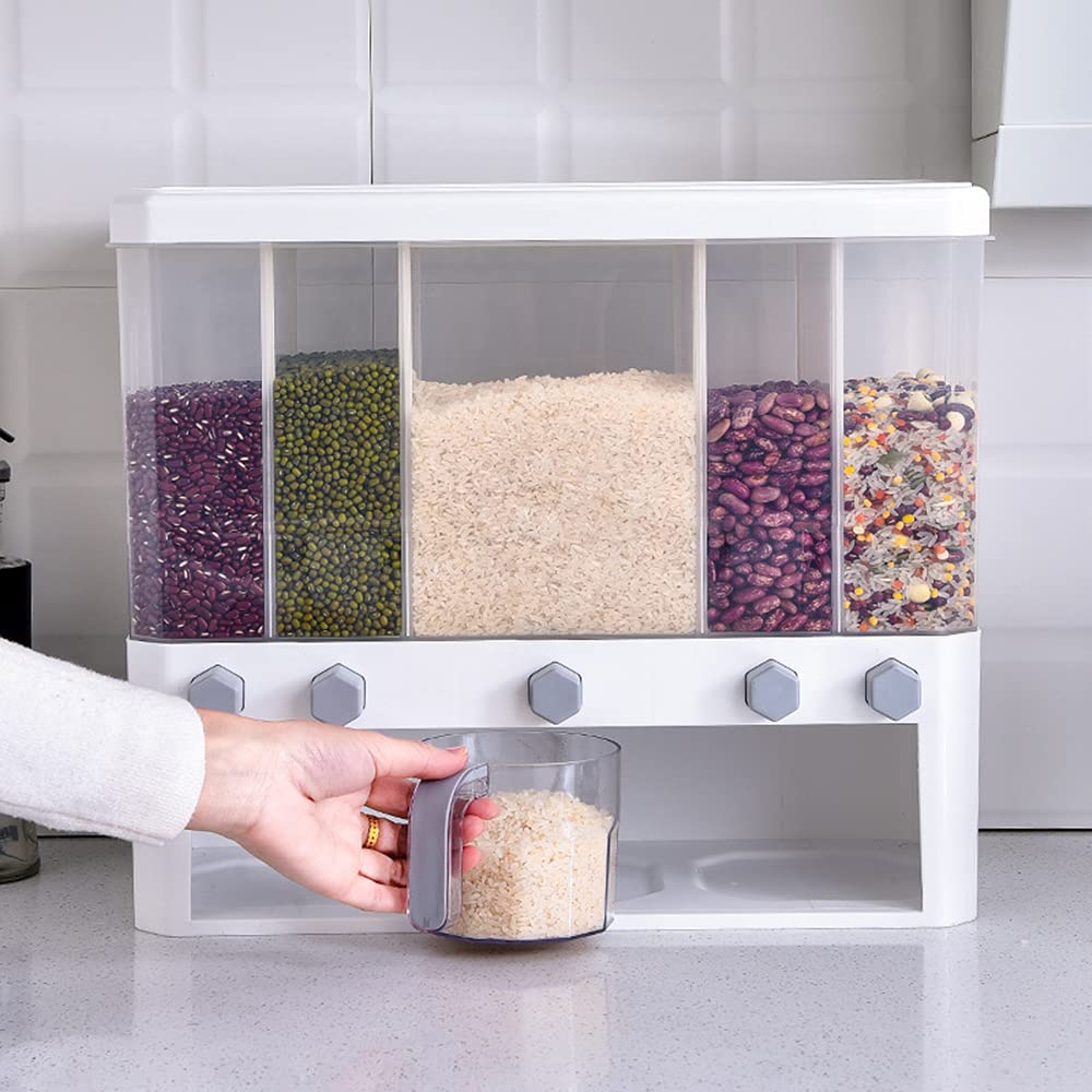 xingxinqi Cereal Dispenser Plastic Clear Dry Food Dispenser with Lid 5 Grid Rice Dispenser Storage Box Rice Bucket Container, White (55B27DSKDFI177WC0541W)