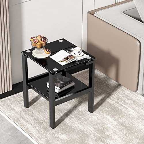 Tidyard Black Tempered Glass End Table with 2 Layer, Small Side Table Sofa End Side Table, Bedside Nightstand for Living Room Bedroom Kitchen Bathroom