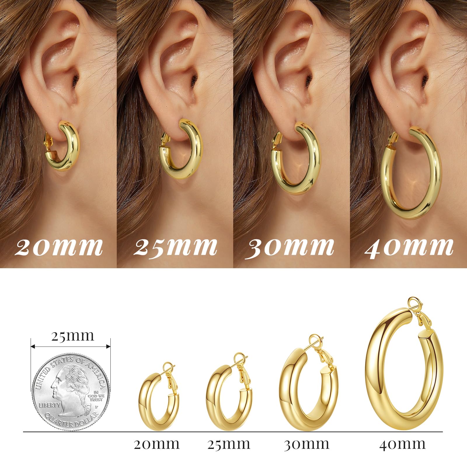 SHOWNII Chunky Gold Hoop Earrings, 14K Gold Plated Medium Chunky Tube Hoop Earrings for Women Lightweight Thick Hoops