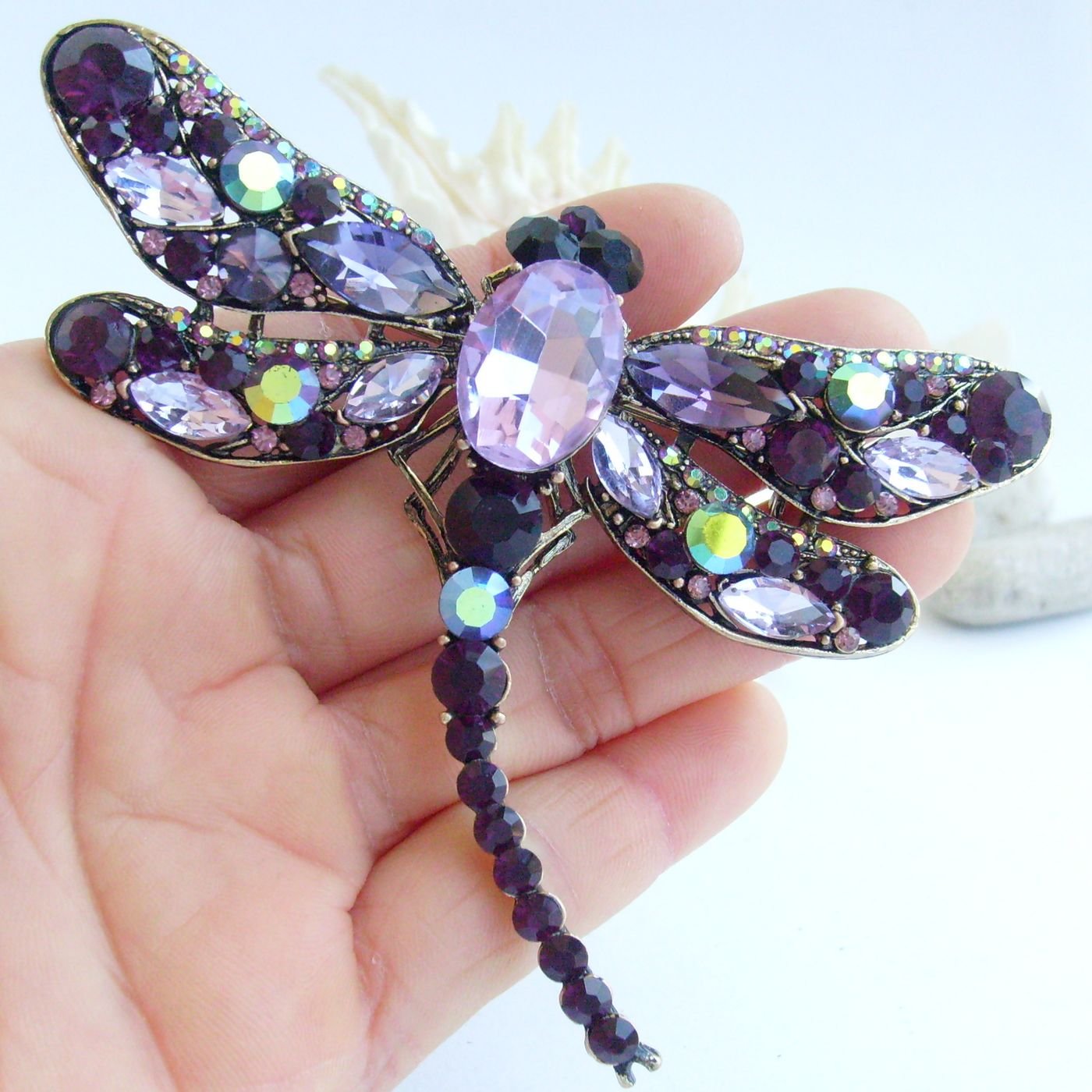 Sindary 3.74" Pretty Insect Dragonfly Brooch Pin Pendant Rhinestone Crystal (Gold-Tone Purple)