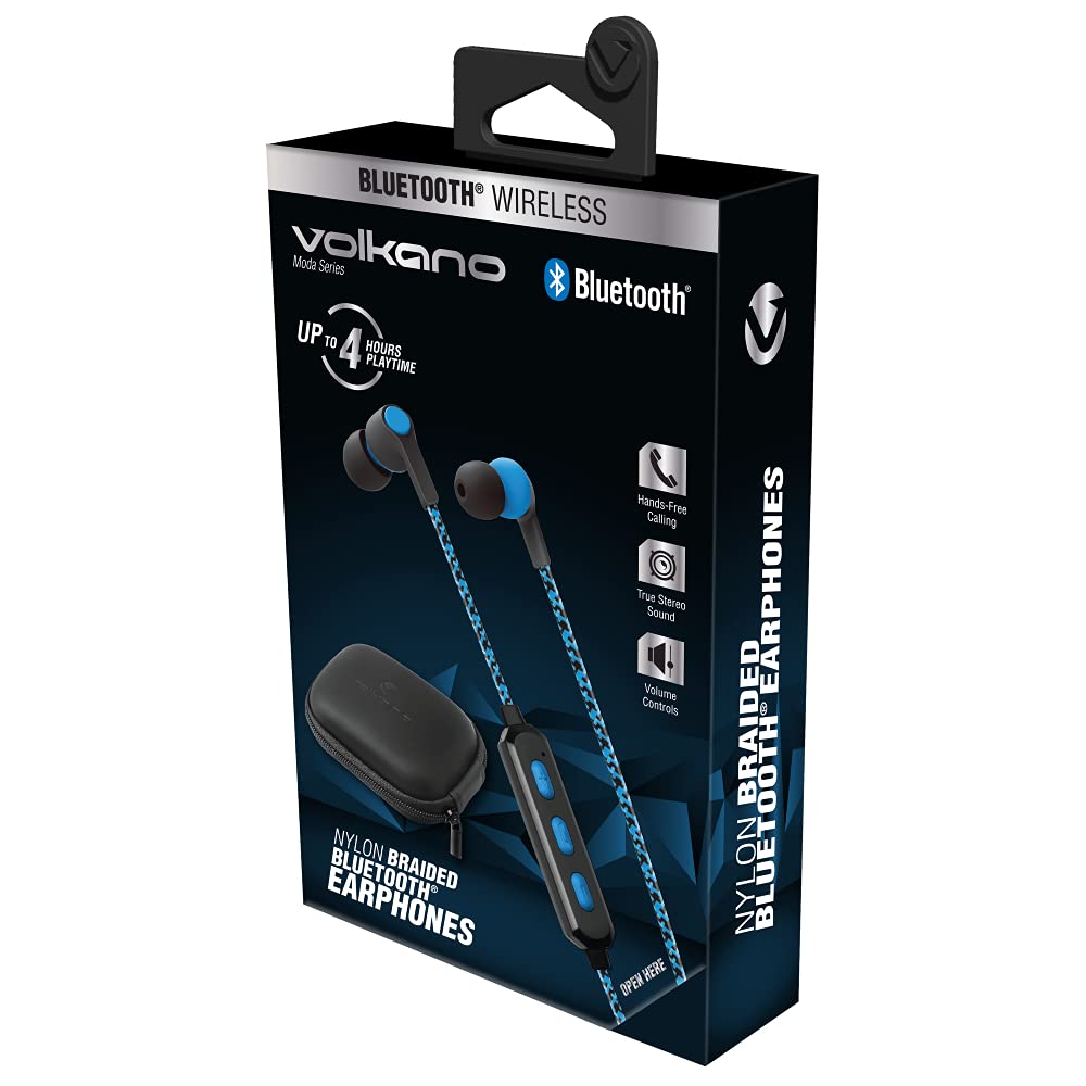 Volkano Wireless Earphones with Microphone, Portable Square Earphone Carrying Case, True Stereo Sound in-Ear Bluetooth Headphones, Audífonos Inalámbricos Volume Control [Blue/Black] Moda Series