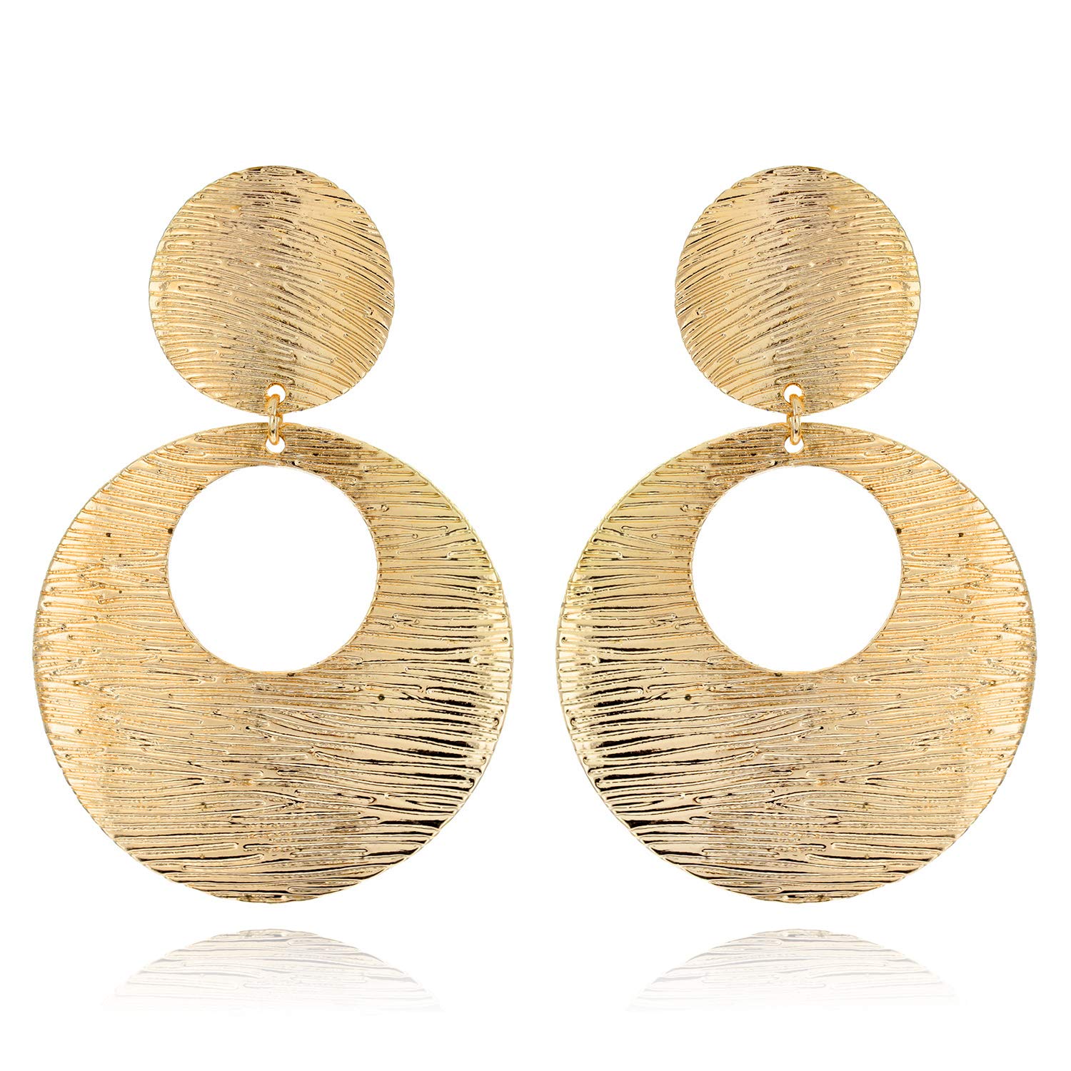 SP Sophia Collection Women's Classy Statement 2 Tiered Gold Etched Disc Hoop Dangle Clip On Earrings in Gold