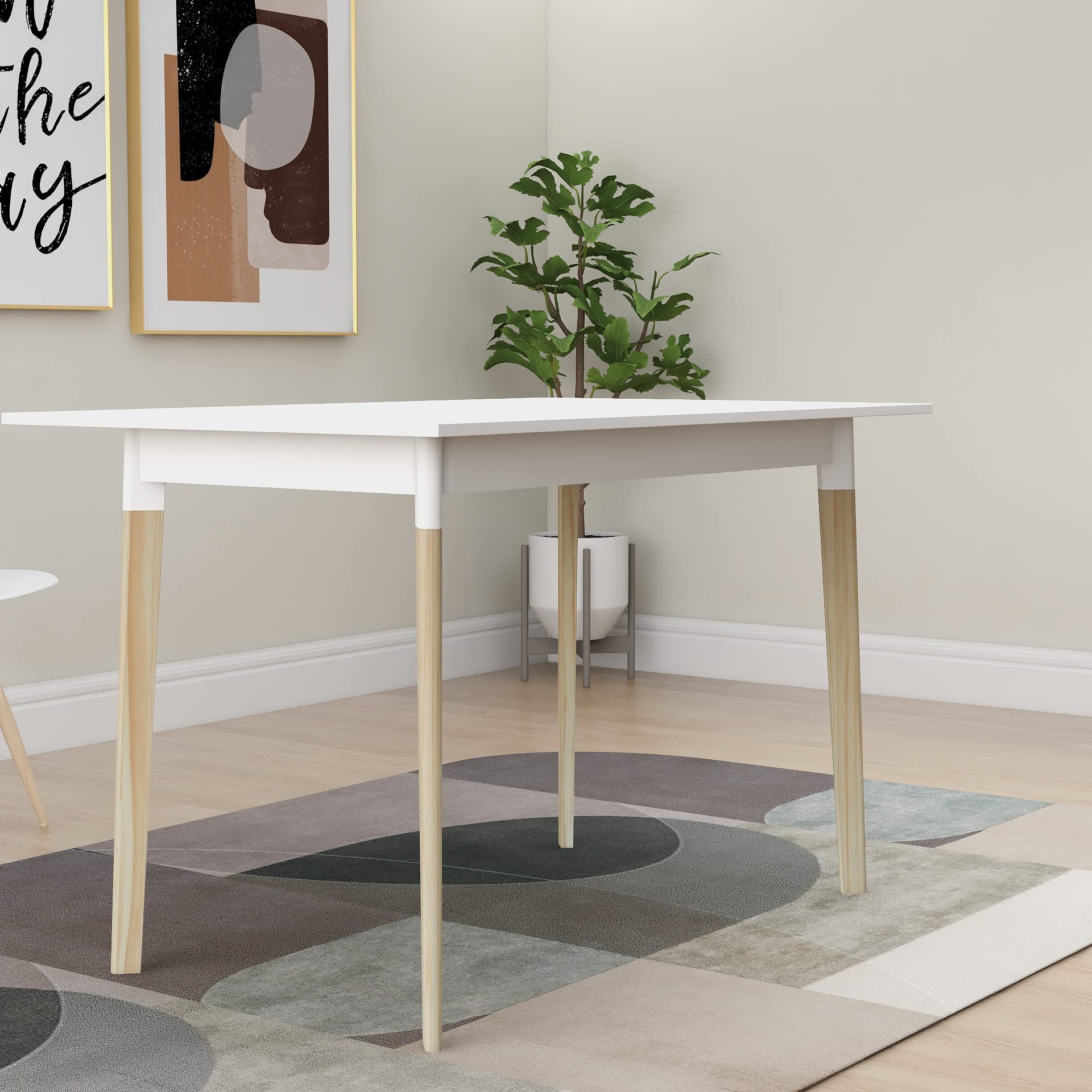 Tidyard Modern Dining Table 47 Inch Kitchen Table Rectangular Top with Solid Wood Leg-White for Dining Room, Restaurant, Cafe, Bistro, Home Furniture