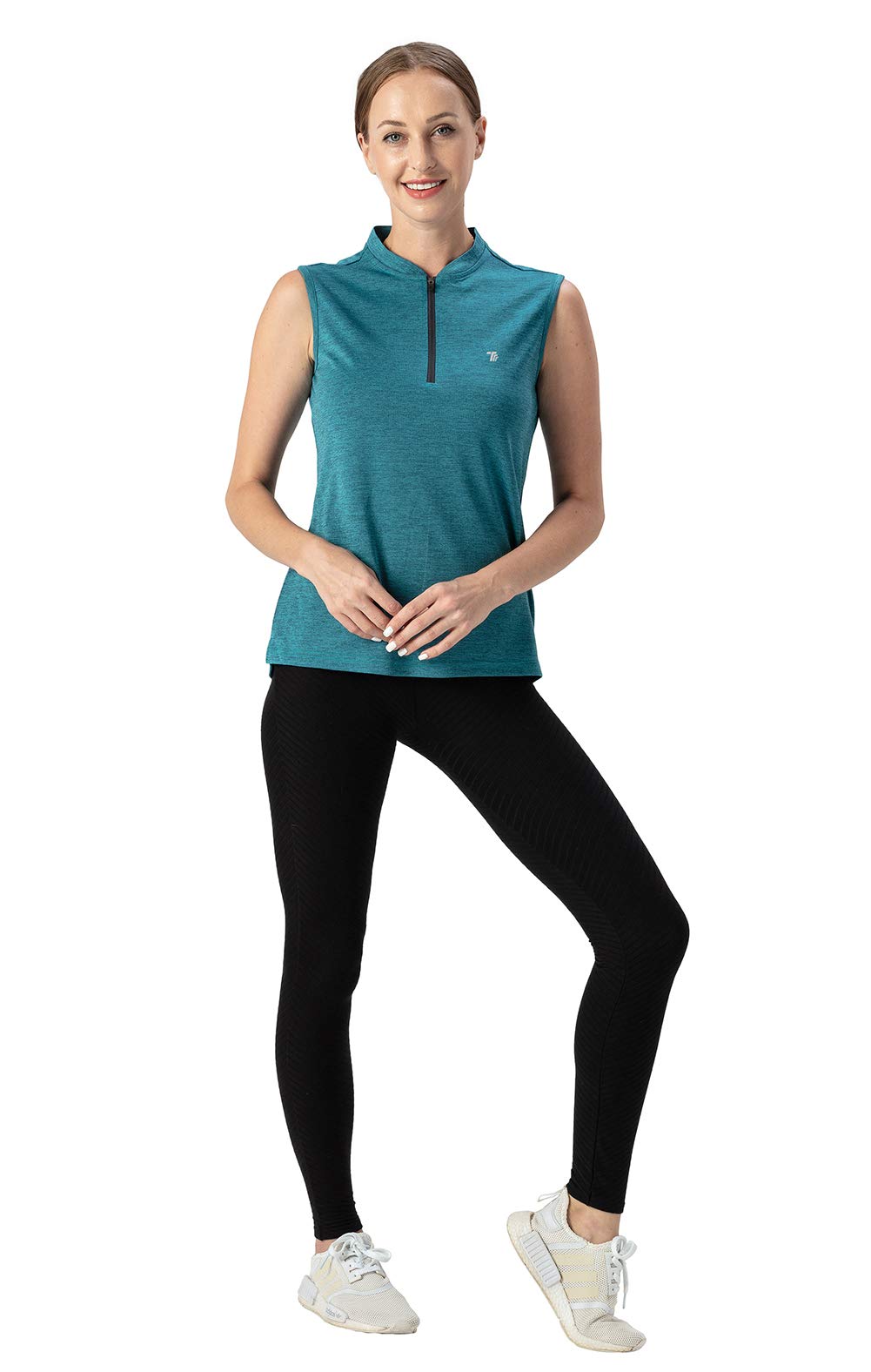 YSENTO Women's Dry Fit Tennis Golf Shirts 1/4 Zip Sleeveless Collarless UPF 50+ Yoga Gym Workout Tops Shirts Dark Blue Size XL