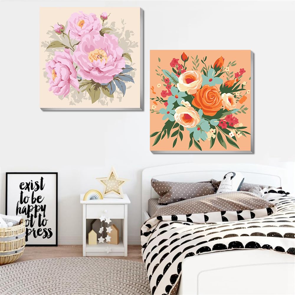 tigdtiu 2Pack Flowers Paint by Numbers Kit for Adults Beginner,Adult Paint by Number Kits On Canvas Framed, DIY Acrylic Painting Kit for Room Decor (8X8 in)