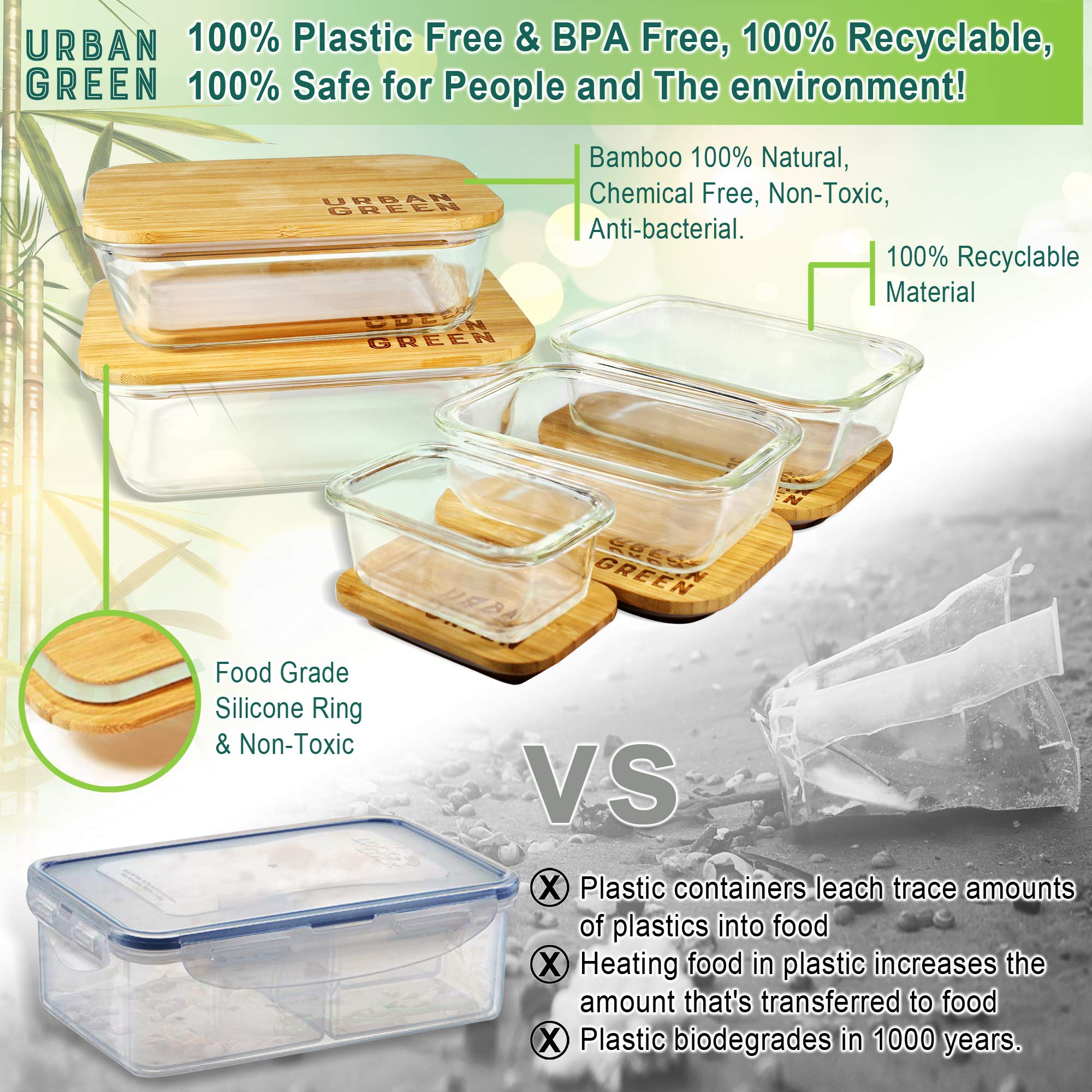 Urban Green Glass Container Bamboo Lids, Glass Food Storage Containers, Meal Prep Containers, Pantry and Cabinet Organization, Microwave-Oven-Freezer Safe Container, XXLarge Size, 76oz/2260ml, 2 Pack