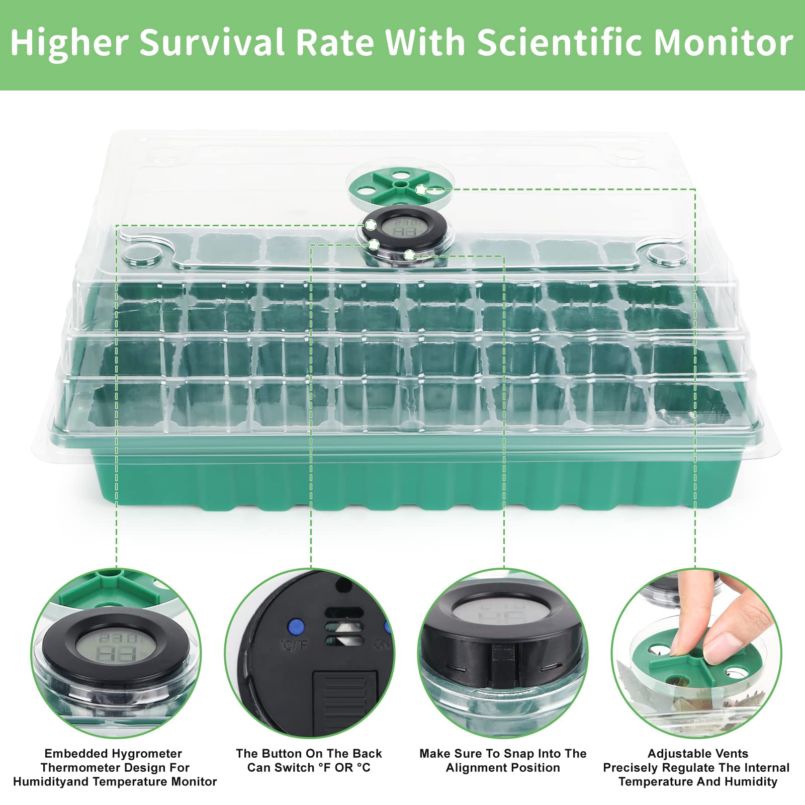 TIEBOLA Seed Starter Kit with Grow Light - Durable Seed Tray, 80-Cell Germination Trays with Drain Hole, with Humidity Dome, and Thermometer Hygrometer, Humidity Dome for Seed Growing Germinating.
