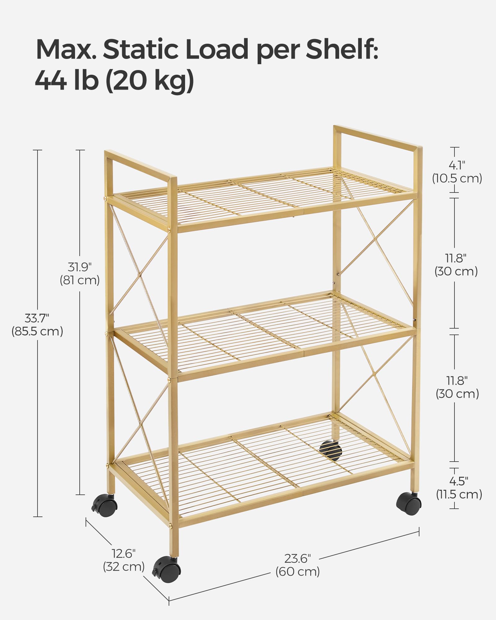 SONGMICS 3-Tier Metal Storage Rack with Wheels, Mesh Shelving Unit with X Side Frames, 31.5-Inch Width, for Entryway, Kitchen, Living Room, Bathroom, Industrial Style, Metallic Gold UBSC183A01