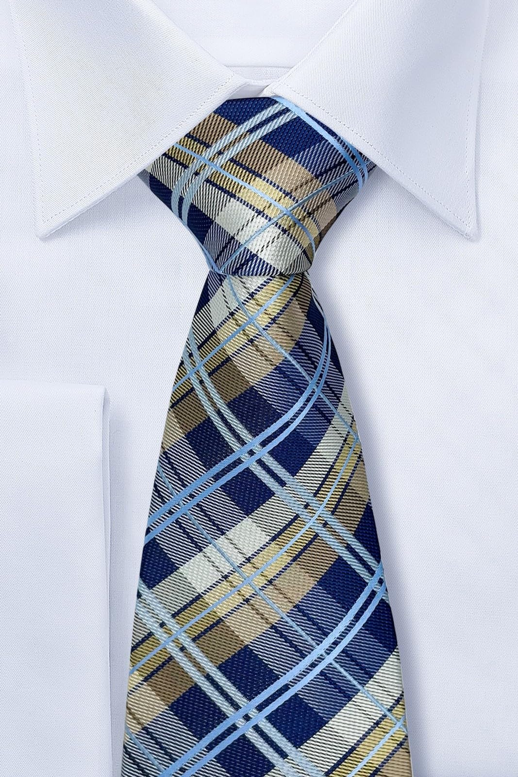 Retreez Elegant Plaid Check Woven Microfiber Men's Tie - Navy Blue and Khaki