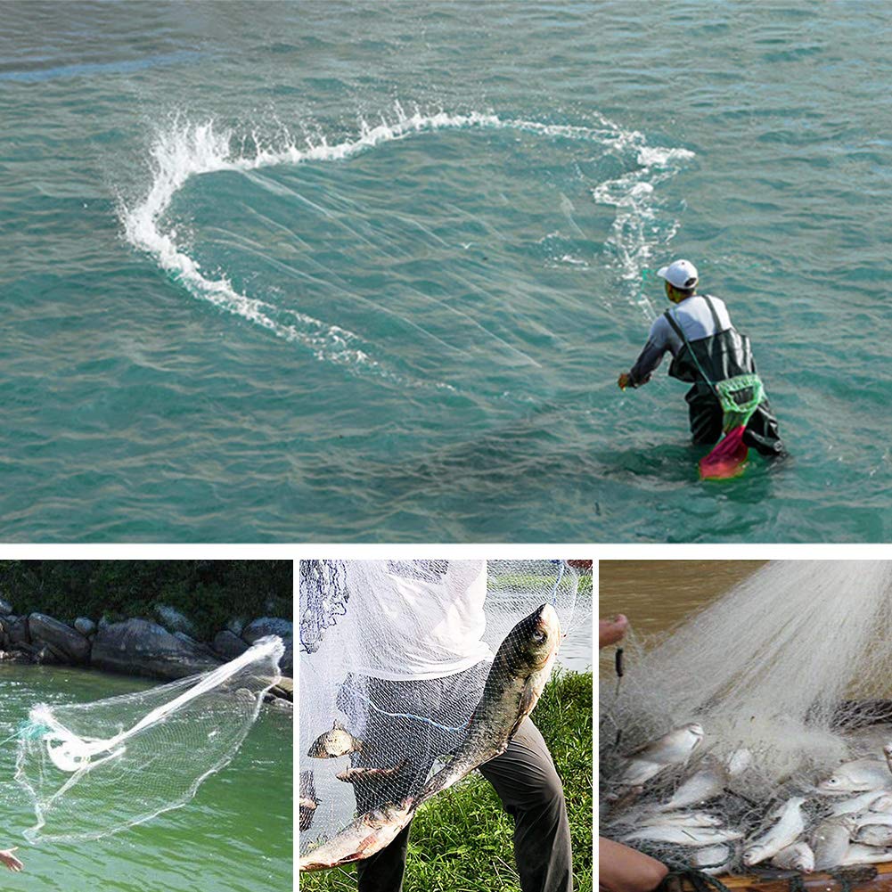 Yeahmart Handmade American Saltwater Fishing Cast Net with Heavy Duty Real Zinc Sinker Weights for Bait Trap Fish 4Ft Radius, 3/8 Inch Mesh Size