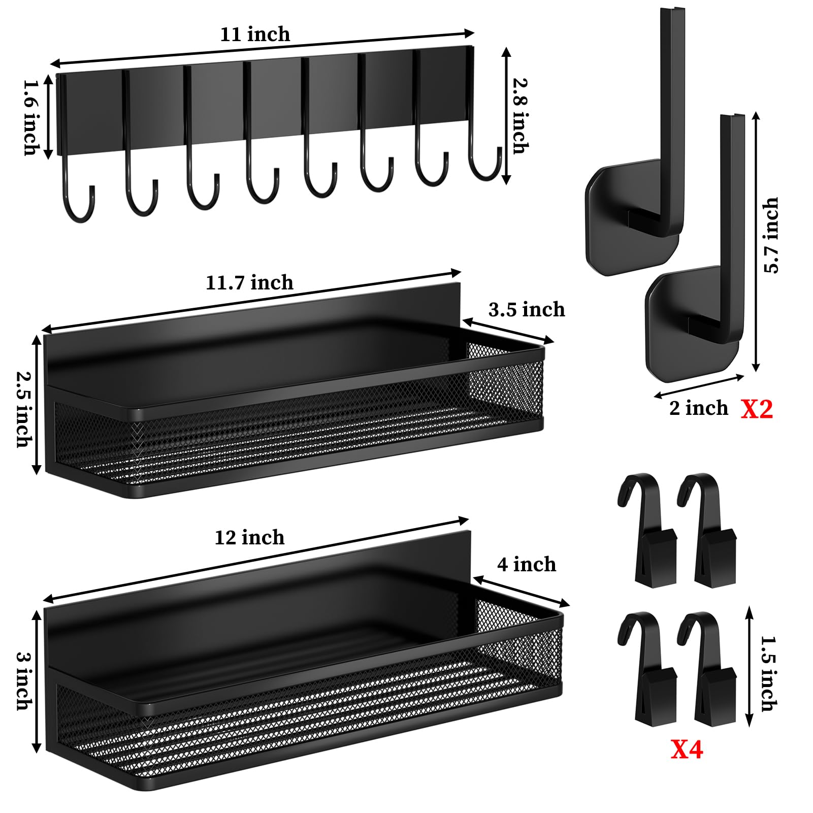 YUANYE Spice Rack for Refrigerator, 9PCS Magnetic Storage Rack with 3 Strong Holders, 13lbs Capacity, Modern Black Design, Incl 2 Paper Towel Holders, 4 Removable Hooks