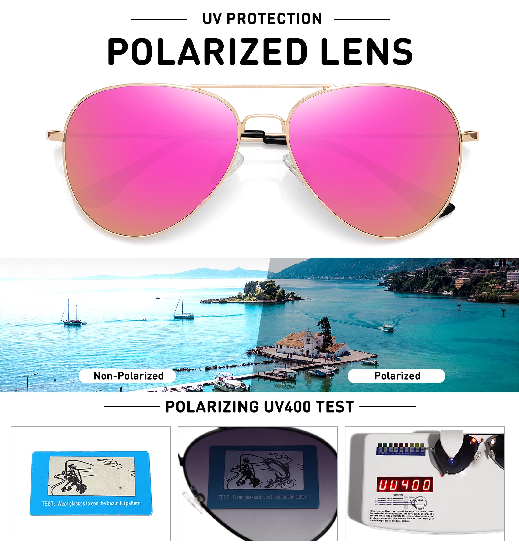 WOWSUN Classic Polarized Aviator Sunglasses for Women Men (Golden Frame Purple Pink Mirrored Lens)
