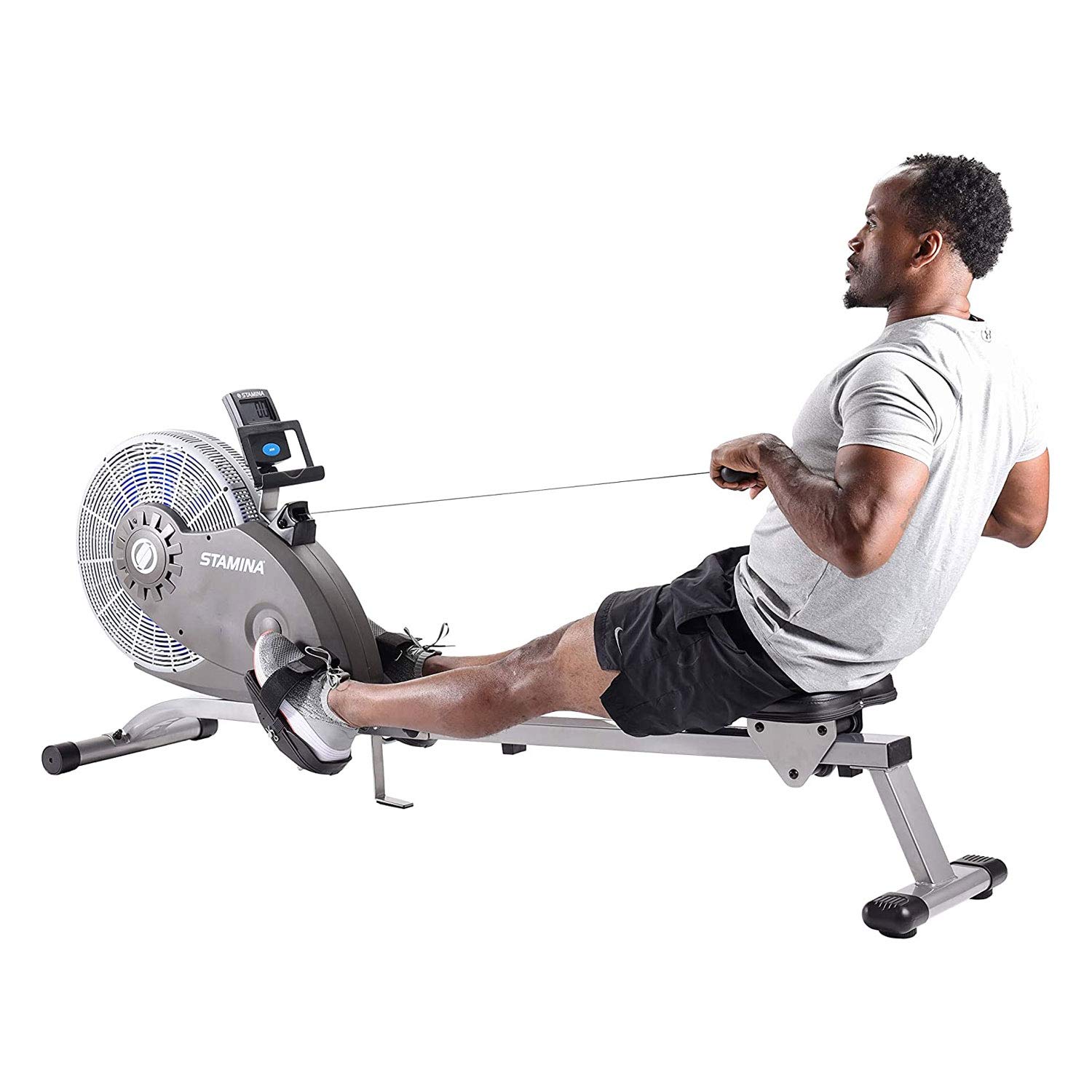 Stamina 1406 ATS Air Transfer System Portable Folding Cardio Exercise Fitness Air Rower Rowing Machine with Wheels, LCD Display, and Device Tray, Gray