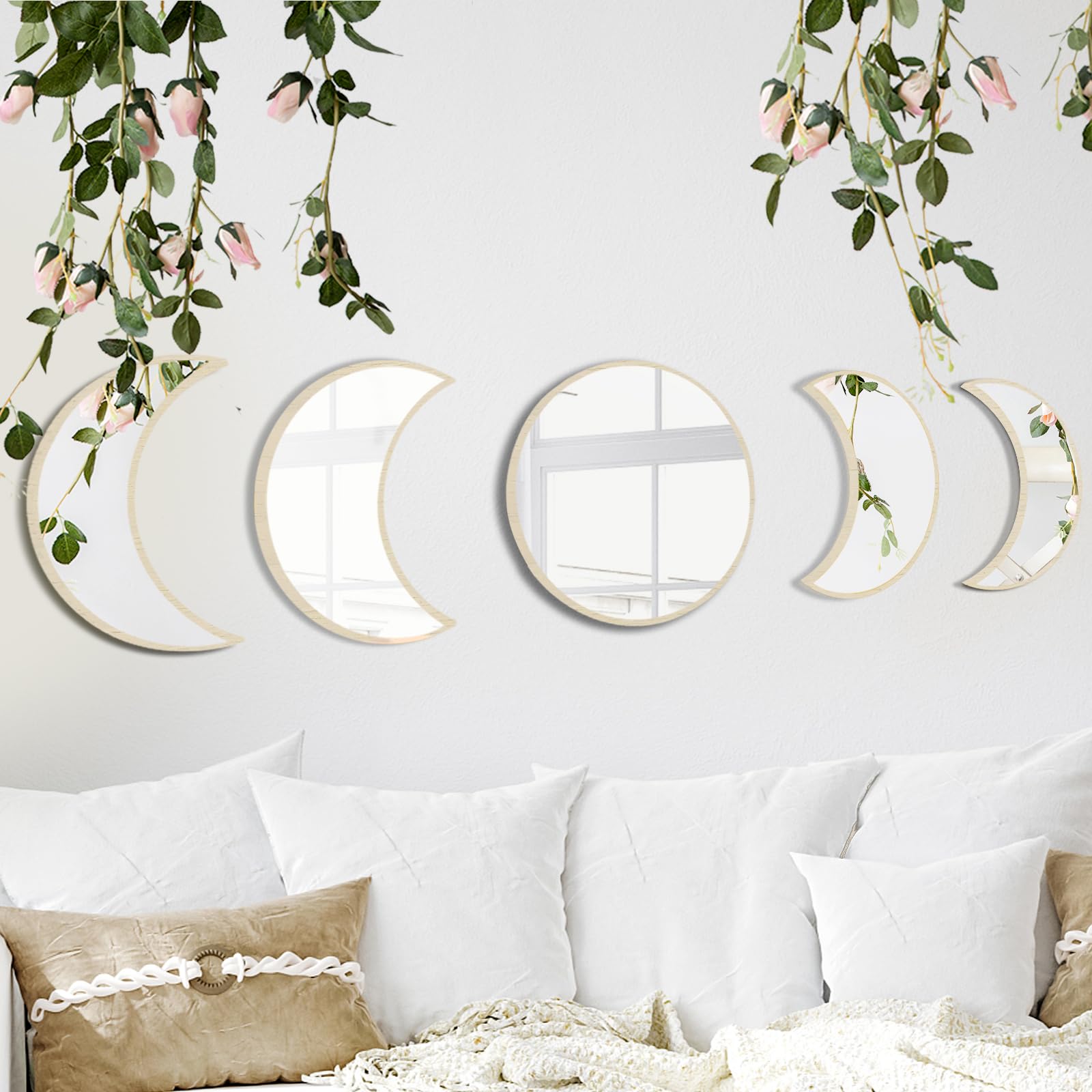 YUBAIHUI 5pcs Boho Home Wall Decor Moon Phase Decorative Mirror Set Acrylic Bedroom Bohemian Decoration Self Adhesive Ornament Living Room Decor (Beige)