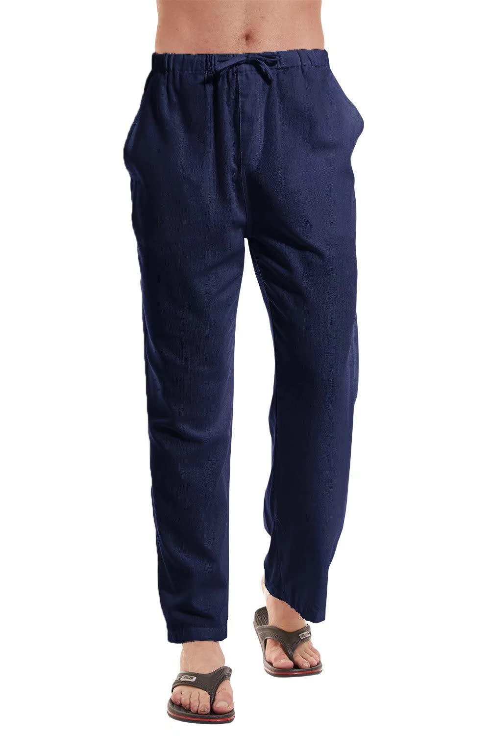YuKaiChen Men's Linen Cotton Yoga Pants Lounge Casual Sweatpants Beach Trousers Blue L