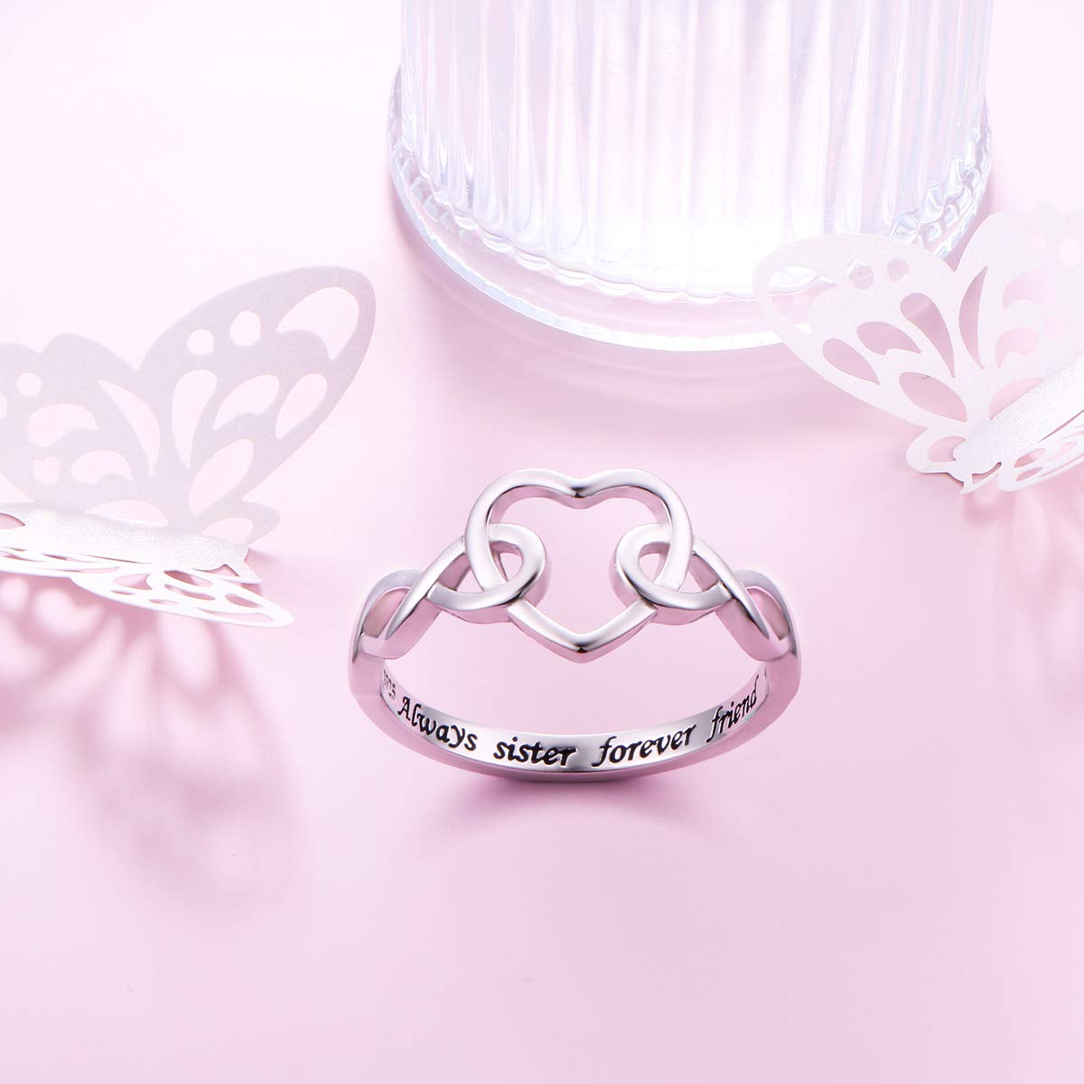 Yearace 925 Sterling Silver Engraved Always Sister Forever Friend Heart Infinity Love Knot Ring for Sister Women Siblings Birthday Gift, Size 7