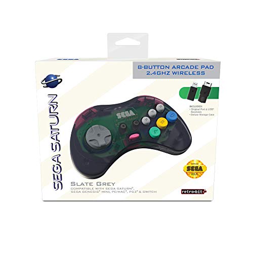 Retro-Bit Official Sega Saturn 2.4 GHz Wireless Controller 8-Button Arcade Pad for Sega Saturn, Sega Genesis Mini, Switch, PS3, PC, Mac - Includes 2 Receivers & Storage Case (Slate Gray)