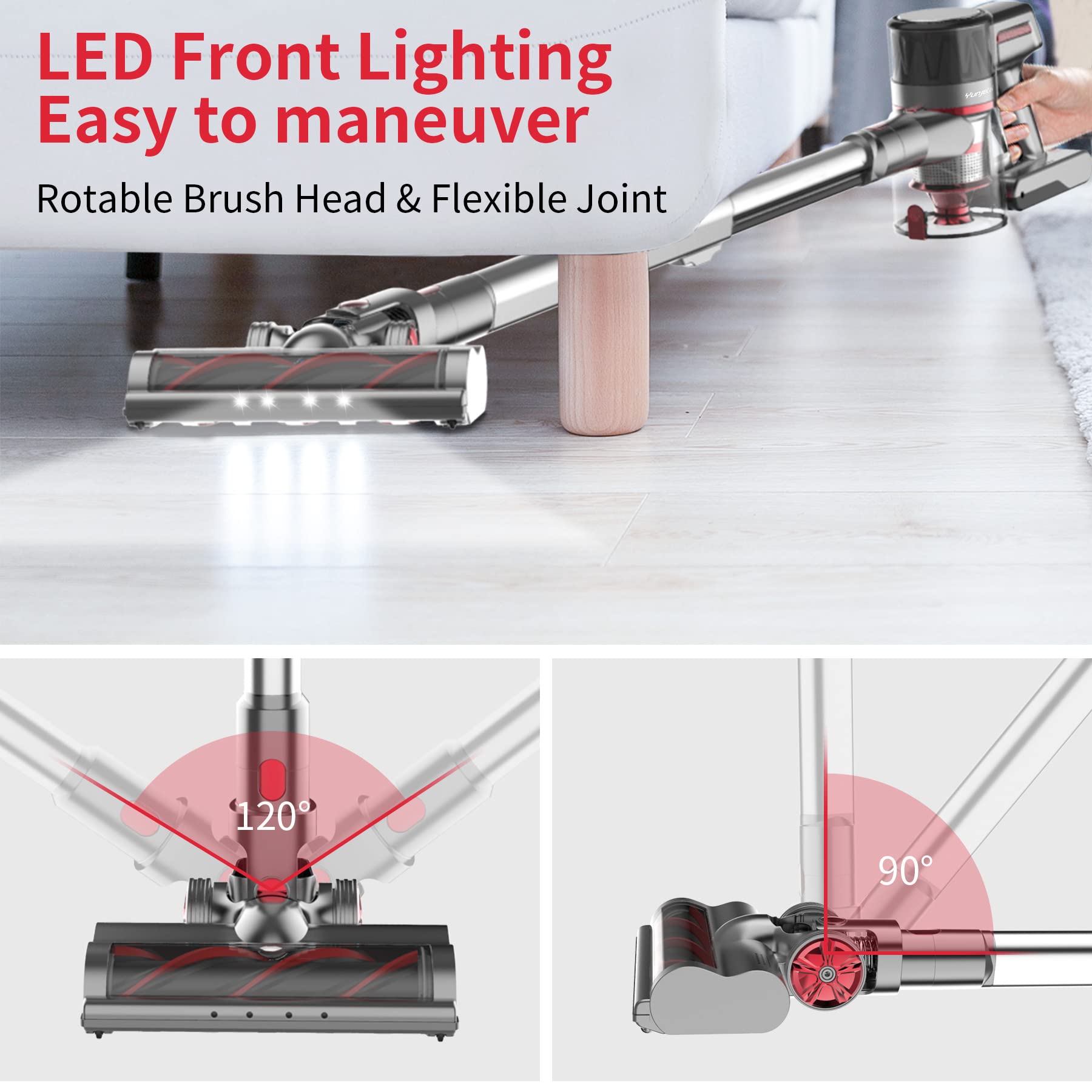 Yunjetek Cordless Vacuum Cleaner, 300W Brushless Motor with 26Kpa Powerful Suction Stick Vacuum, Up to 45Mins Max Runtime Detachable Battery (Red)