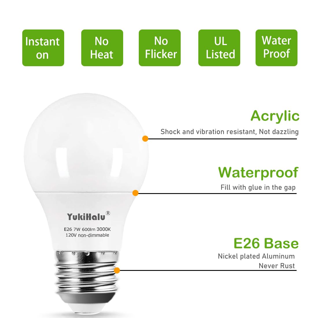 YukiHalu Dimmable A15 LED Light Bulbs, 60W Equivalent, 3000K-5000K White, E26 Base, 7W 600 Lumens 120V, Ceiling Fan Light Bulbs, Appliance Bulb, UL Listed, Pack of 4(3000K Soft White)