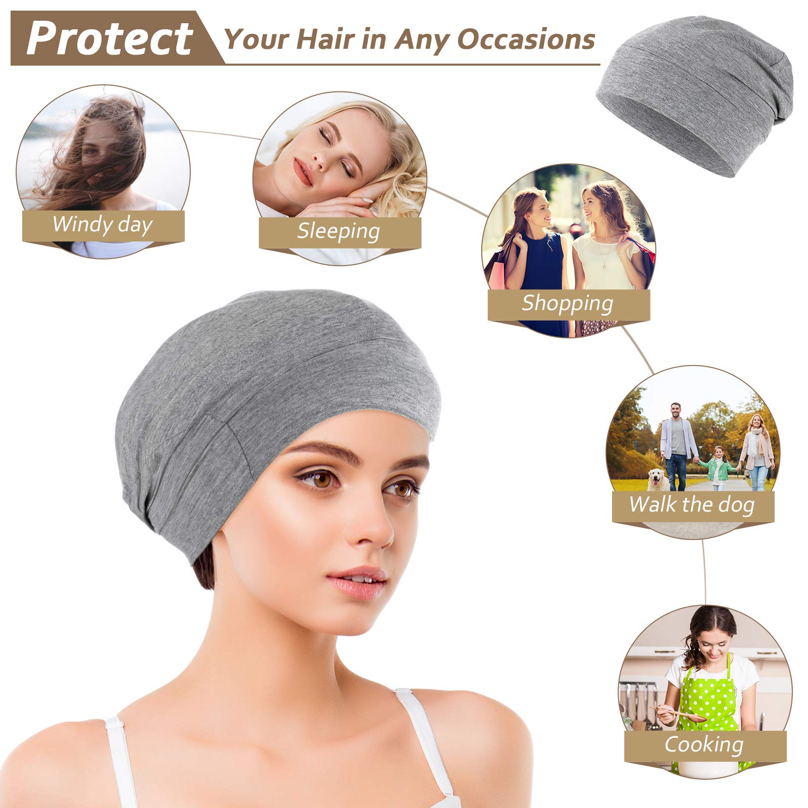 Syhood 4 Pieces Satin Lined Sleep Caps for Women Skull Beanie Elastic Slouchy Night Bonnet Hat