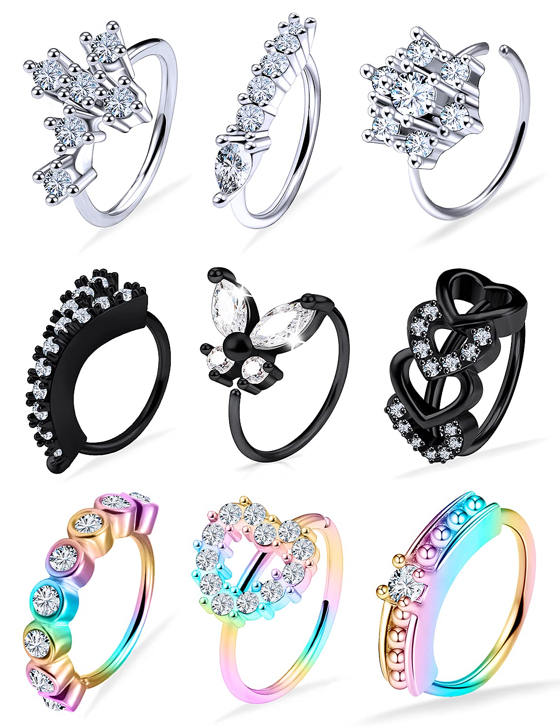 Vsnnsns 20G Nose Rings Hoop Mix Color Nose Piercing Jewelry Stainless Surgical Steel Daith Rook Cartilage Helix Earrings Hoop Ear Nose Septum Rings Body Piercing Jewelry for Women Men 8mm
