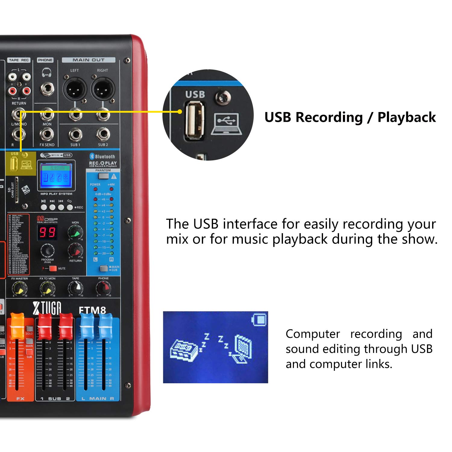 XTUGA FTM8 8-Channel Professional Audio Mixer Sound Built-in 99-bit DSP Digital effect with Recordable function and Digital display MP3,Bluetooth,USB,EQ,Effects (8-Channel)