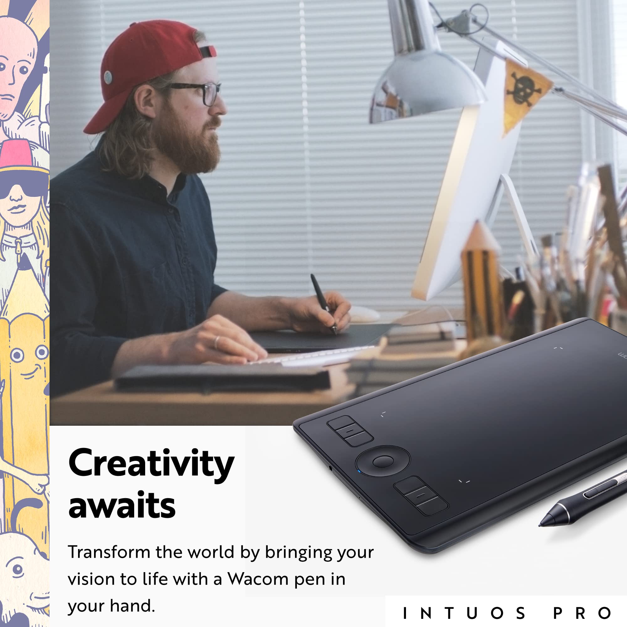 Wacom Intuos Pro Small Bluetooth Graphics Drawing Tablet, 6 Customizable ExpressKeys, 8192 Pressure Sensitive Pro Pen 2 Included, Compatible with Mac OS and Windows,Black