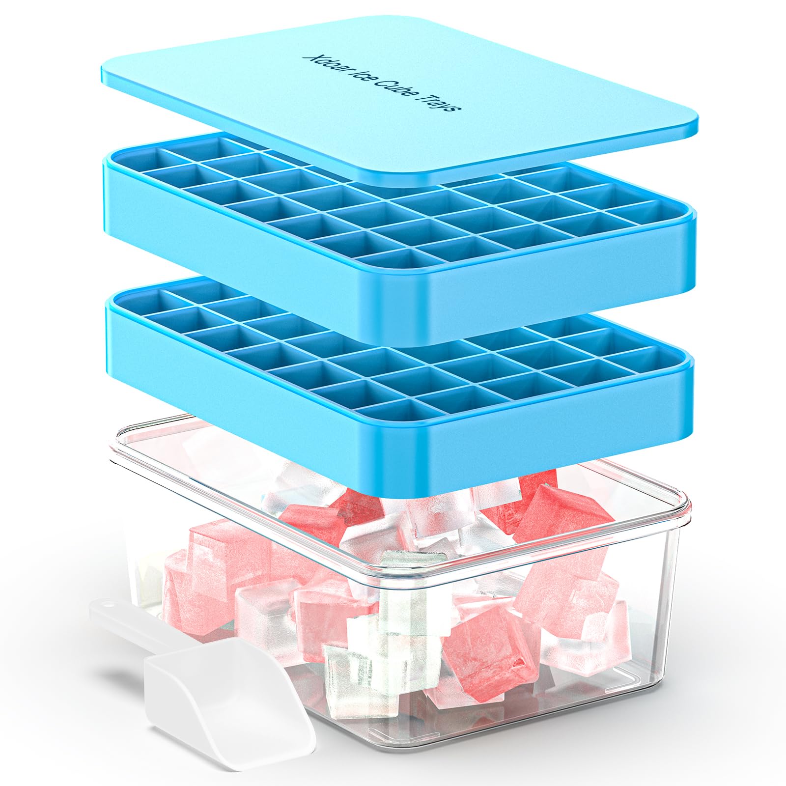 Xdoar Premium Silicone Ice Cube Trays With Lid and Bin, Easy-release Ice trays for Freezer, 70 Small Square Ice Maker with Ice Bucket and Ice Scoop, Ice Cube Storage Container for Chilled Drink Coffee