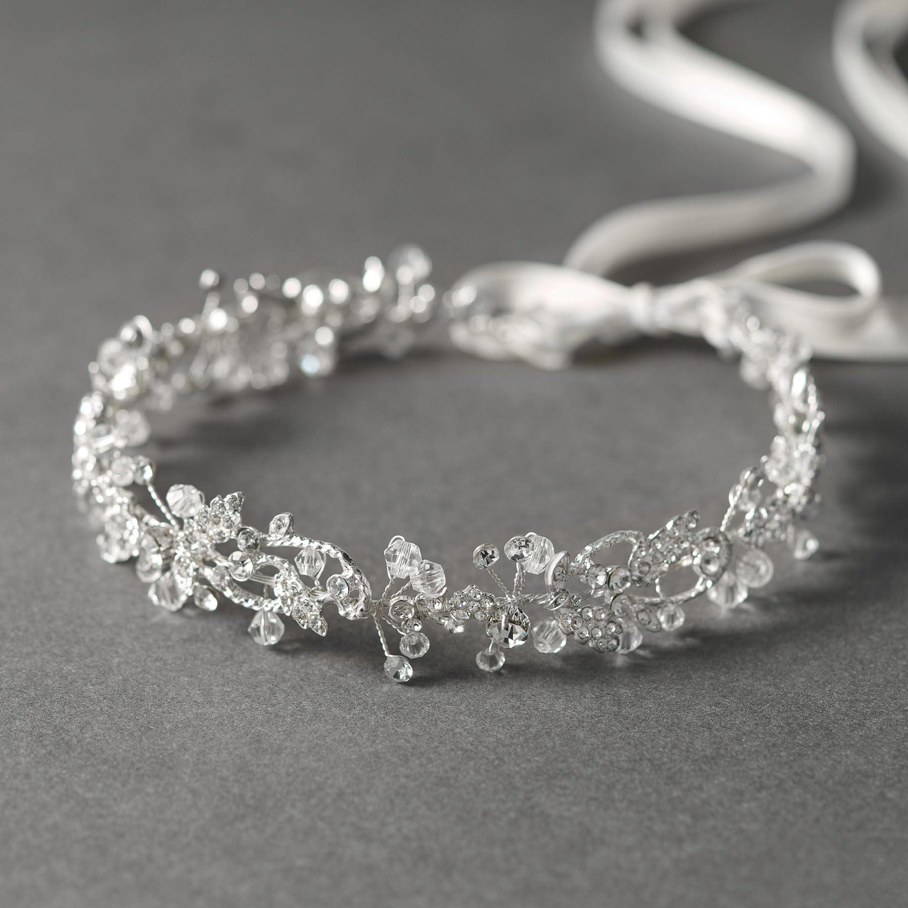 SWEETV Silver Wedding Headpieces for Bride Handmade Bridal Headband with Rhinestones Hair Accessories Hair Vine for Women