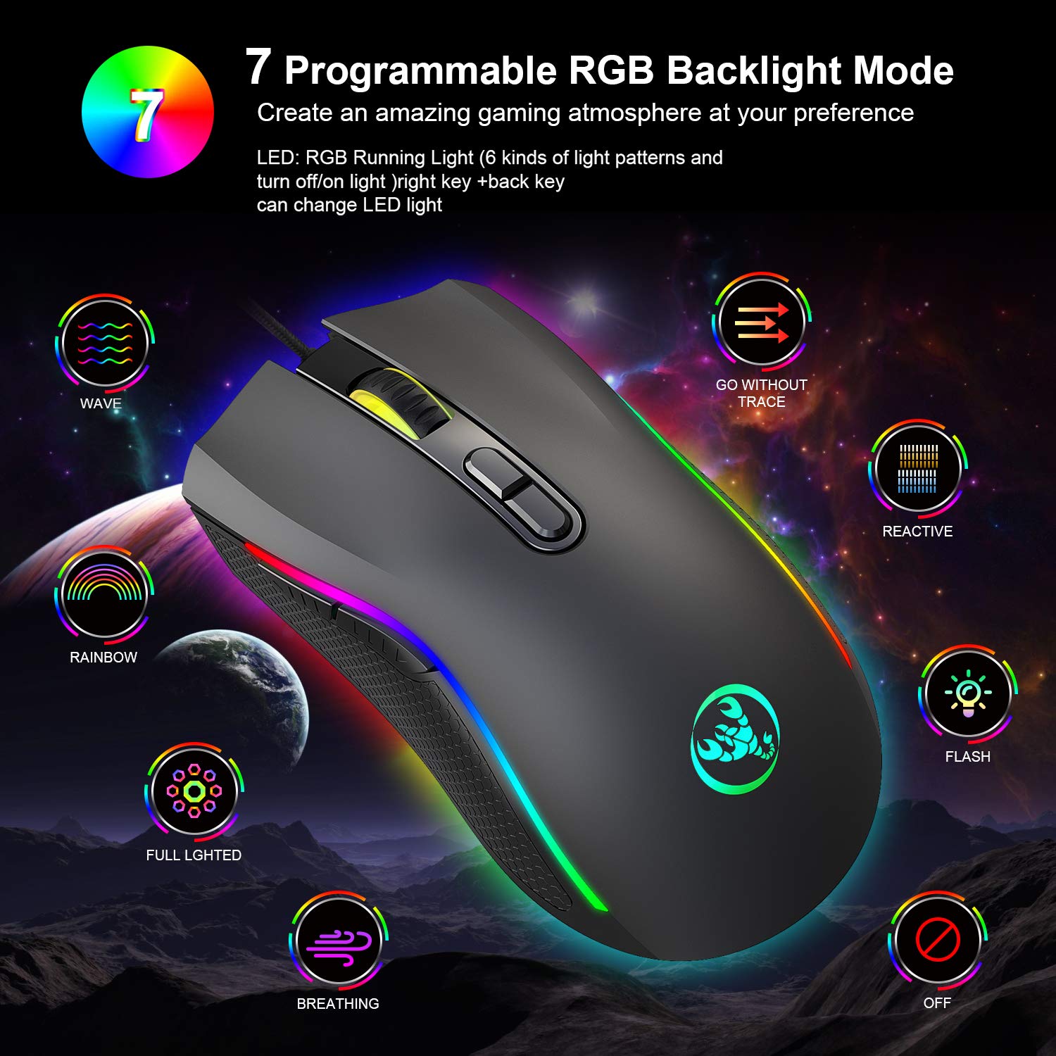 TKOOFN RGB Gaming Mouse, 6 DPI (1000/1600/2400/3200/4800/7200) Optical LED Wired Mouse with Programmable 7 Keys RGB Marquee Effect Light, Ideal for Computer Games & Daily Use