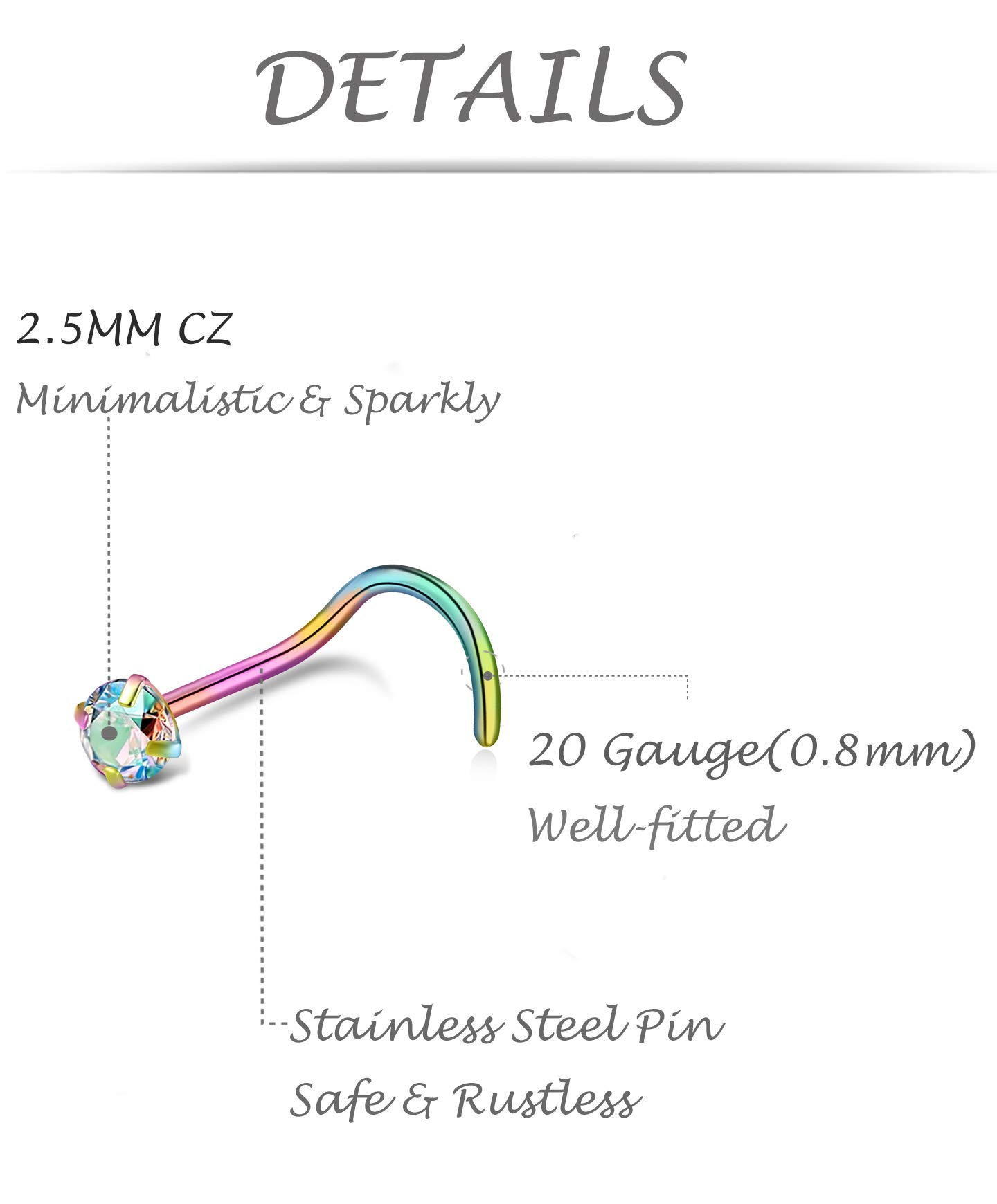 Tornito 20G 6Pcs Stainless Steel Nose Screw Studs Rings CZ Nose Ring Labret Nose Piercing Jewelry for Men Women