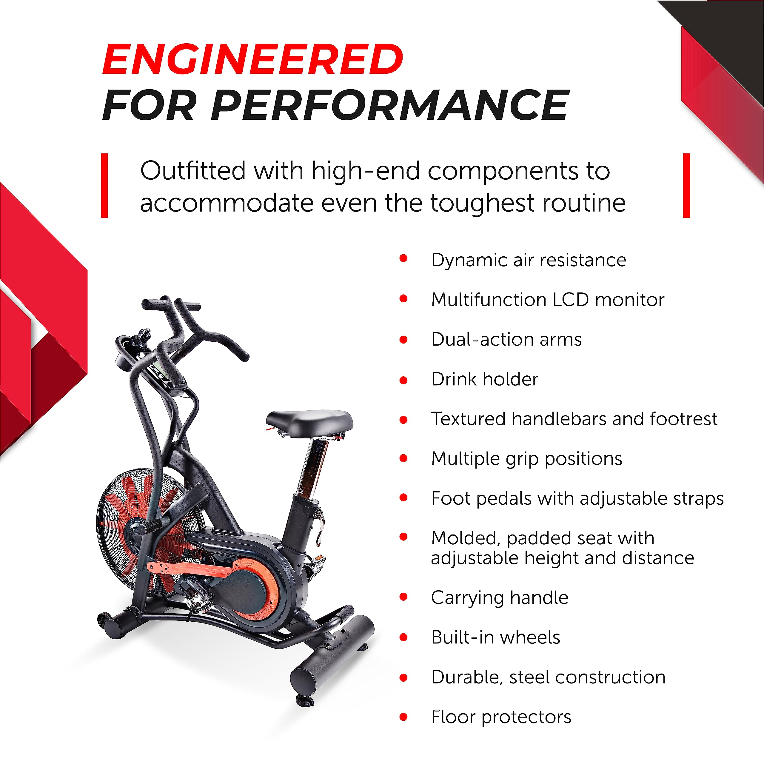 Stamina X Air Bike - Exercise Bike with Smart Workout App - Air Exercise Bike for Home Workout - Up to 350 lbs Weight Capacity Black/Red