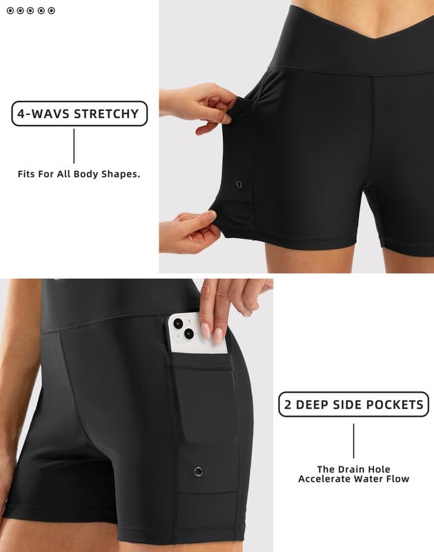 SANTINY Women's 4'' High Waisted Swim Board Shorts Quick Dry V Cut Tummy Control Bathing Suit Bottoms for Women with Pockets (Black_S)