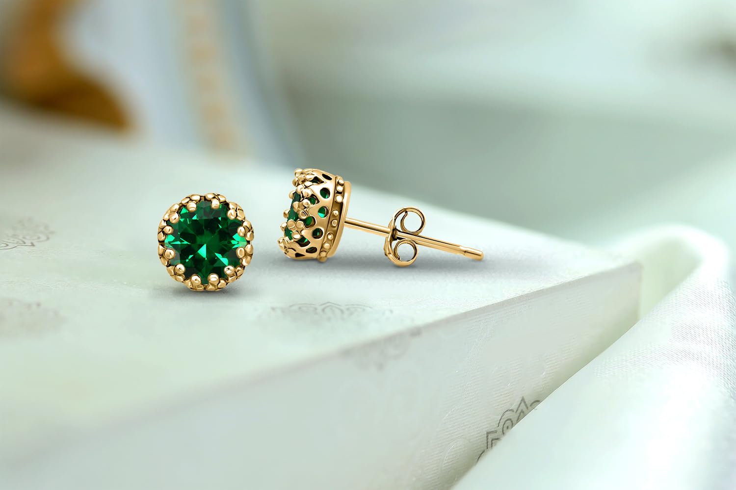 Yellow Gold Flashed Sterling Silver Simulated Emerald Crown Stud Earrings