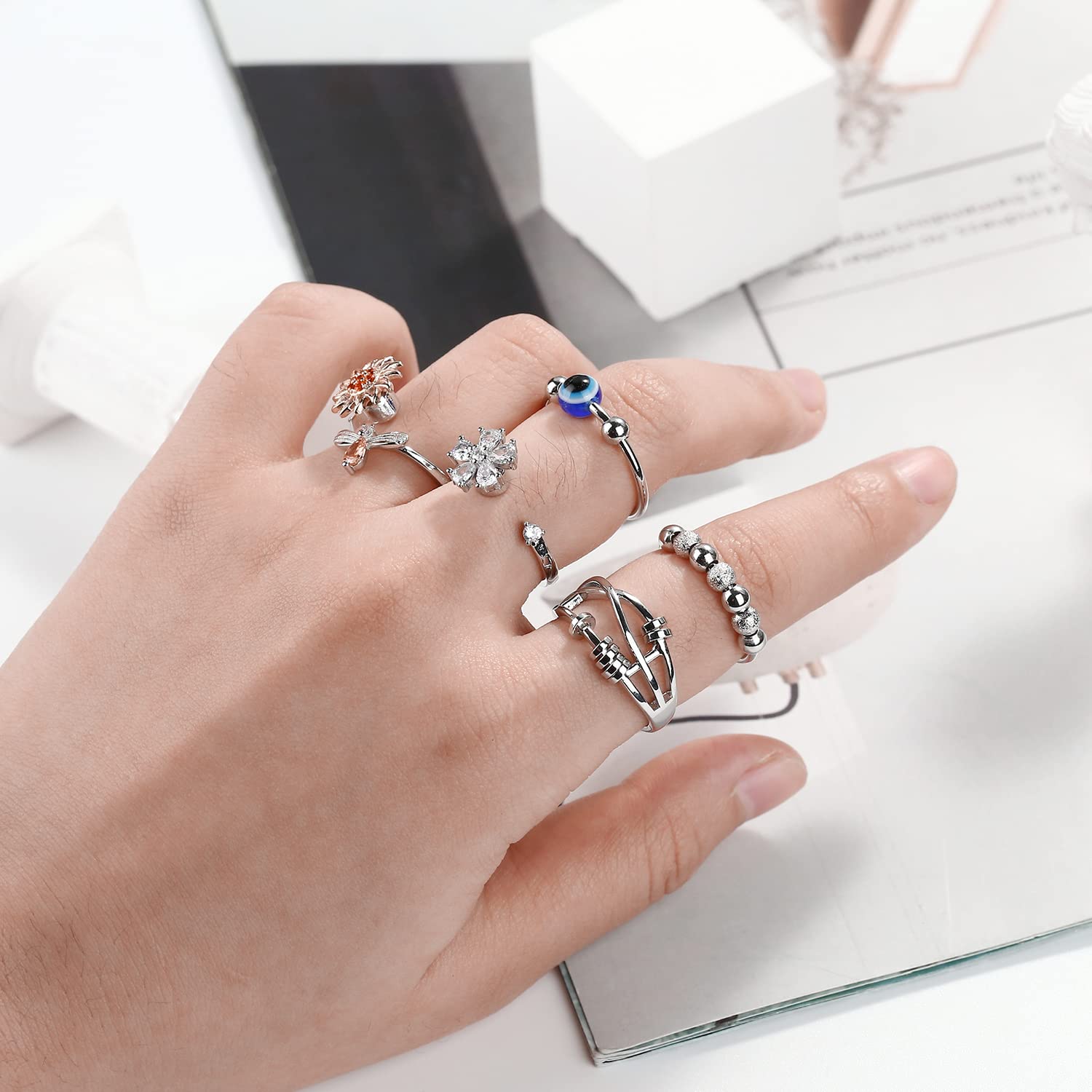 VALDEAS 9Pcs Fidget Anxiety Rings for Women Adjustable Spinner Rings Fidget Rings for Anxiety