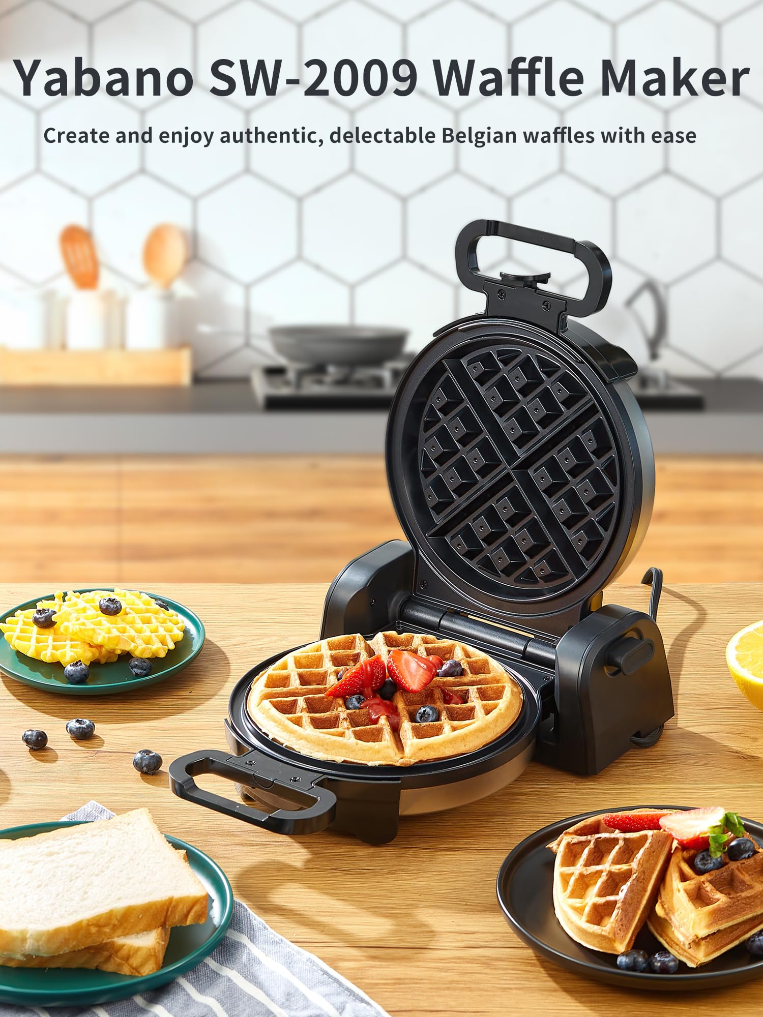 Waffle Maker, Yabano Belgian Waffle Iron with 180°Rotating Design, Non-Stick Plate, Cool Touch Handle, 1080W Fast Heating Waffle Machine for Breakfast, Snacks