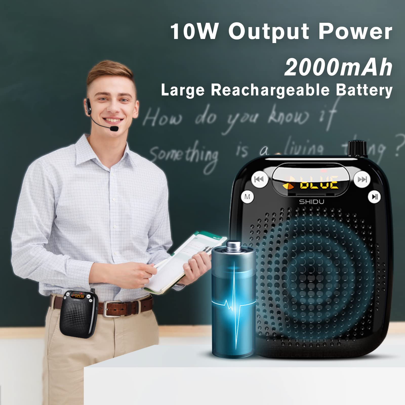 Voice Amplifier, SHIDU Wireless Voice Amplifier 10W Rechargeable Portable PA System Speaker with UHF Wireless Microphone Headset Support MP3 Play for Teachers, Yoga, Tour Guides, Outdoor Trainers