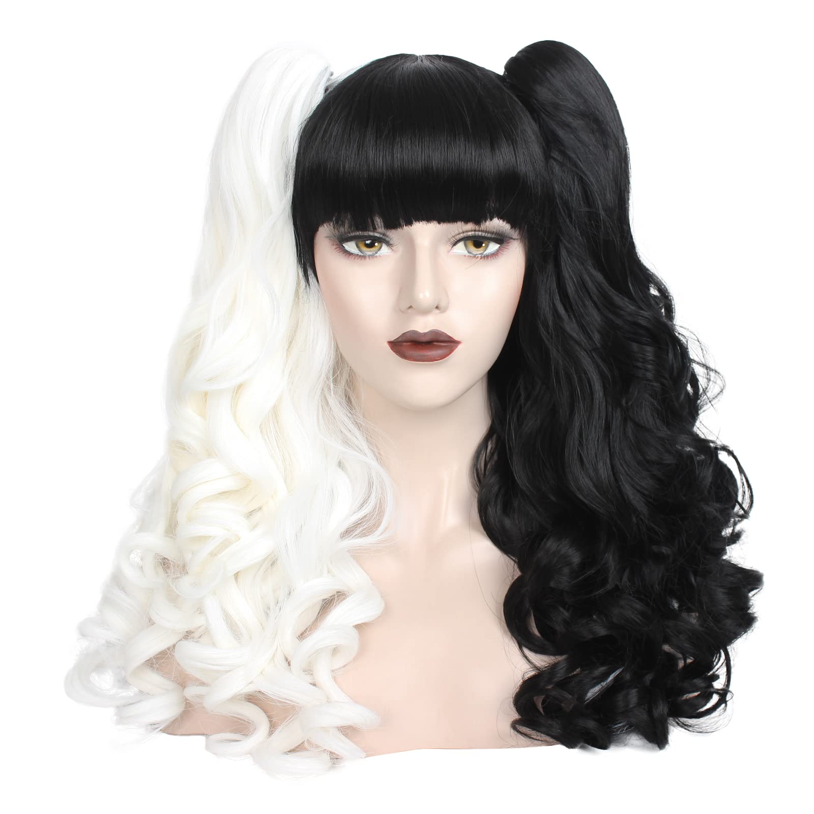 WeKen Long Curly Cosplay Wig with Pigtails Lolita Detachable Ponytail Wig for Women Girls Halloween Costume Party (Black and White)