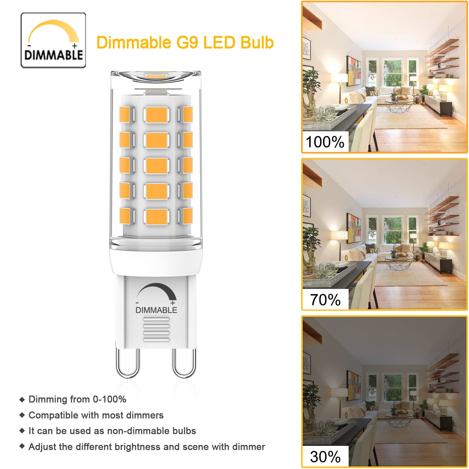 YUIIP G9 LED Bulb Dimmable, 4W, 40W Halogen Equivalent, 3000K Warm White, AC 120V G9 Bi Pin Base Light Bulbs, 380LM, No Flicker, 360° Beam Angle, Pack of 6